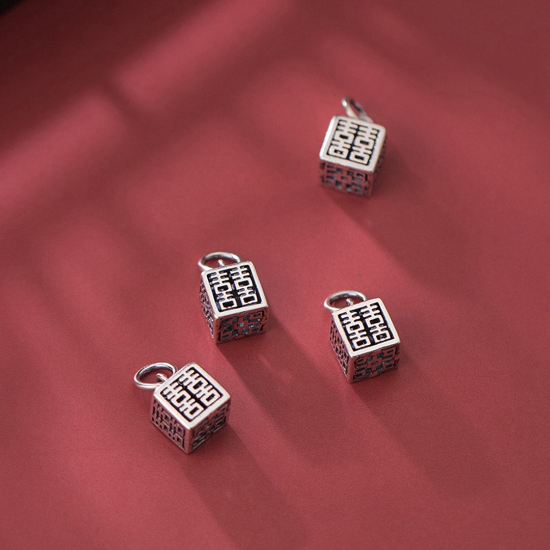 Sterling Silver Double Happiness Cube Charm Pendant, Marriage Bracelet ...