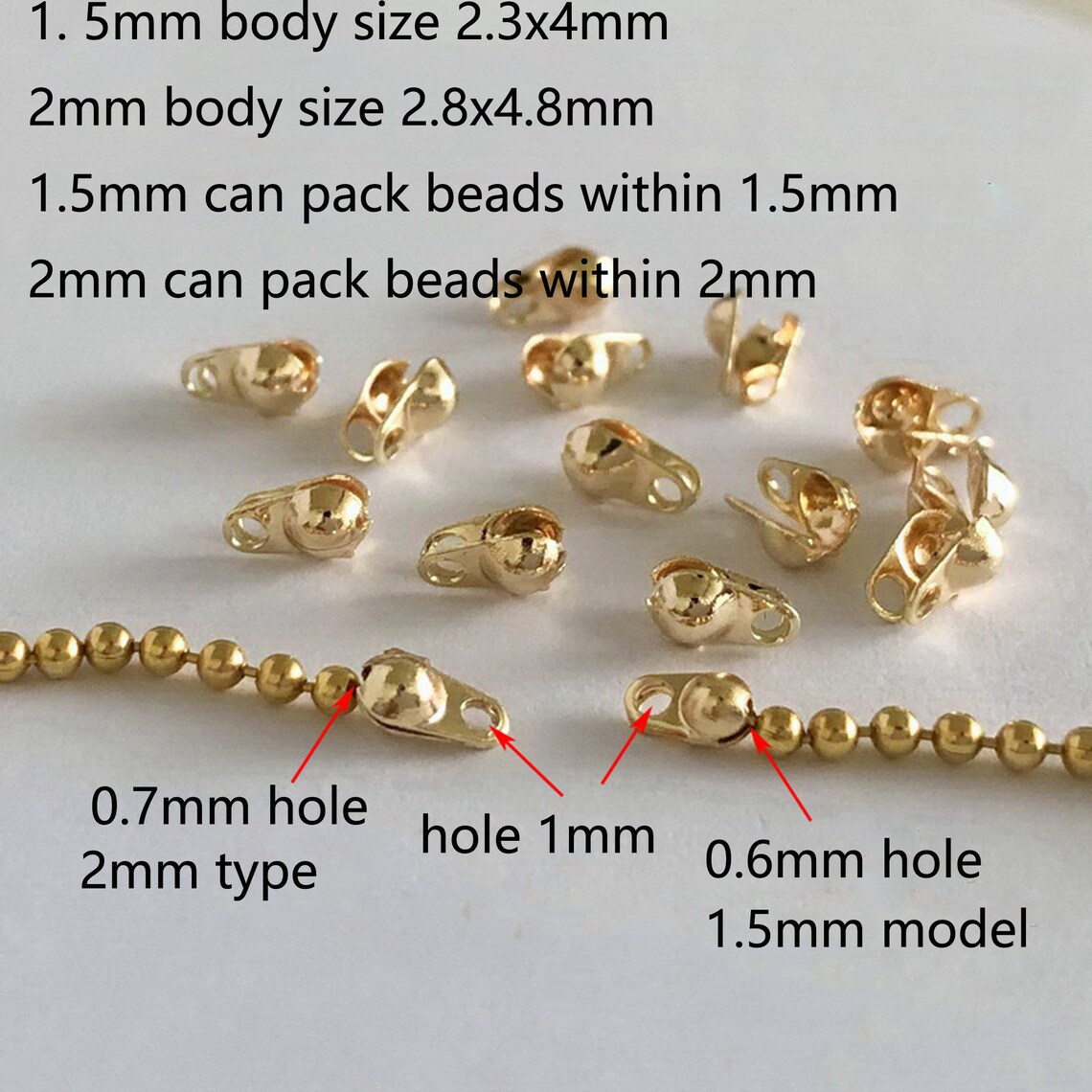 14K Gold Plated Ball Chain Closures, Gold Plated End Tip Cover, Fold ...