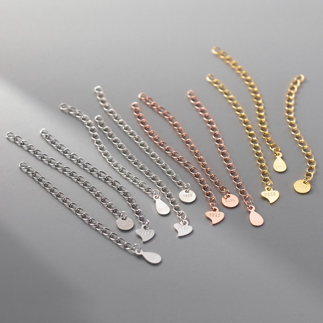 10/50pcs Sterling Silver Heart Extension Chains, 925 Silver Chain ...
