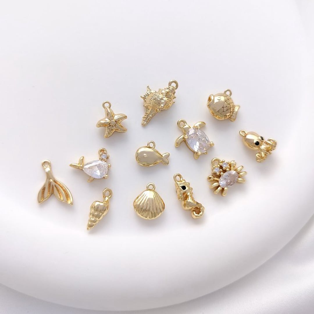 14K Gold Plated Ocean Charm, Gold Tone Sea Horse Charm, Starfish Charm ...