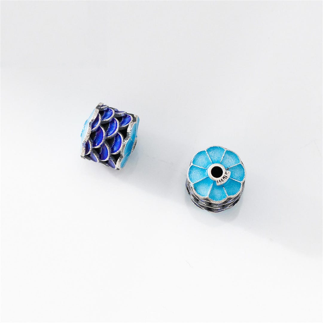 Fine Silver Dragon Scale Beads, Blue Enamel Cylinder Bead,antique ...