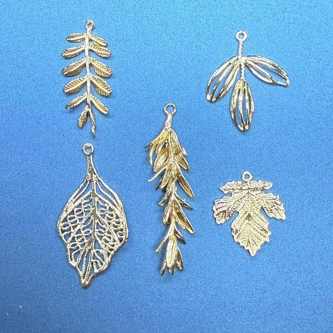 14K Gold Plated Leaf Charms, Gold Tone Maple Leaves Willow Branches ...