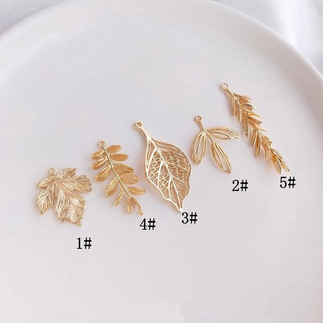 14K Gold Plated Leaf Charms, Gold Tone Maple Leaves Willow Branches ...