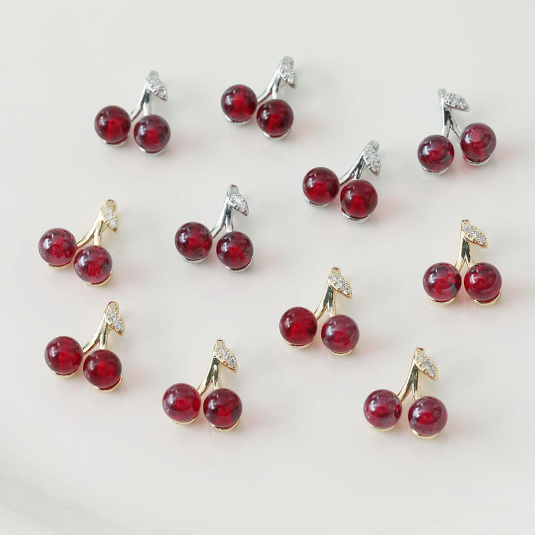 14K Gold Plated CZ Cherry Charm, Gold Tone Cherry Fruit Charms for ...