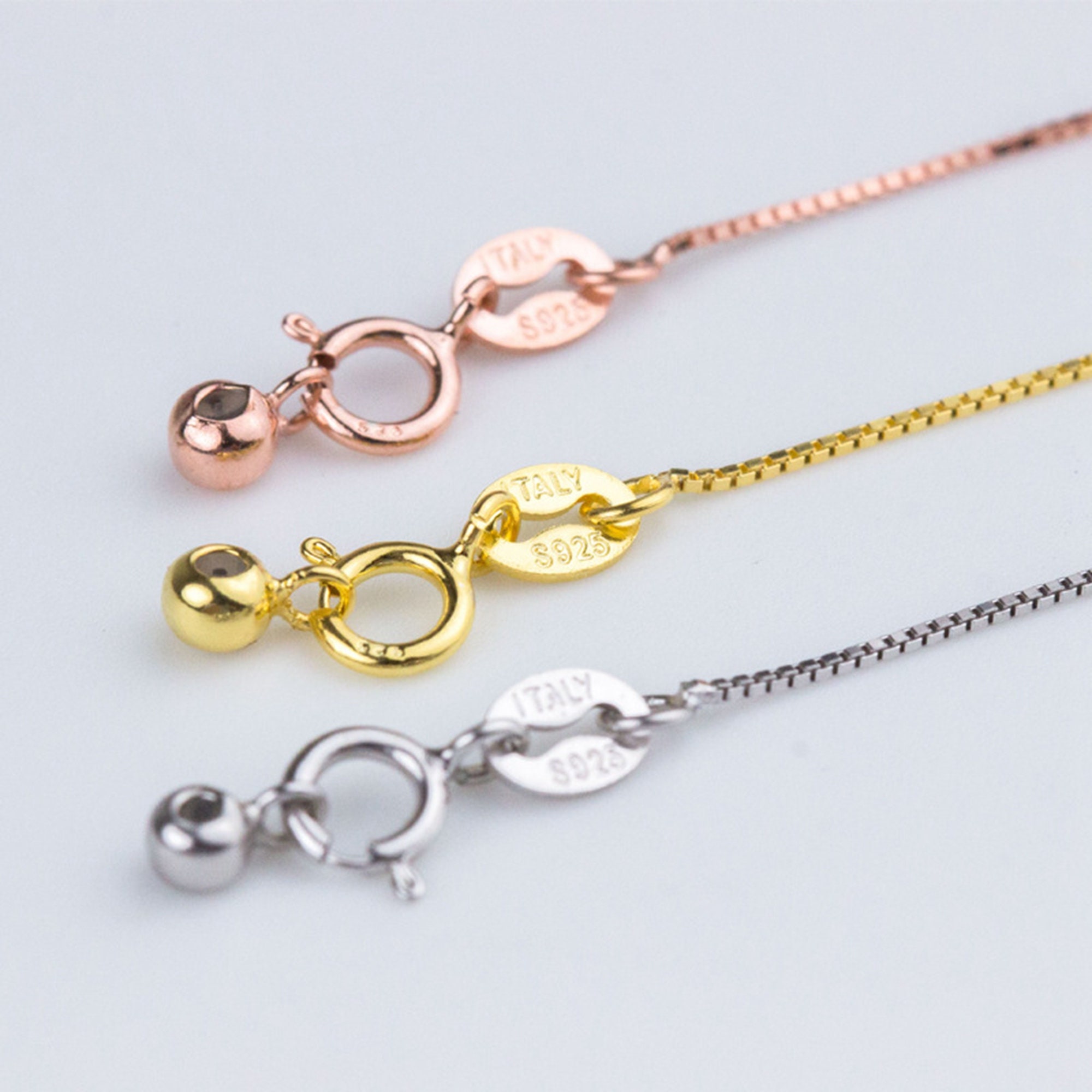 Sterling Silver Box Chain Rhodium Gold Rose Gold Plated Optional, 925 ...