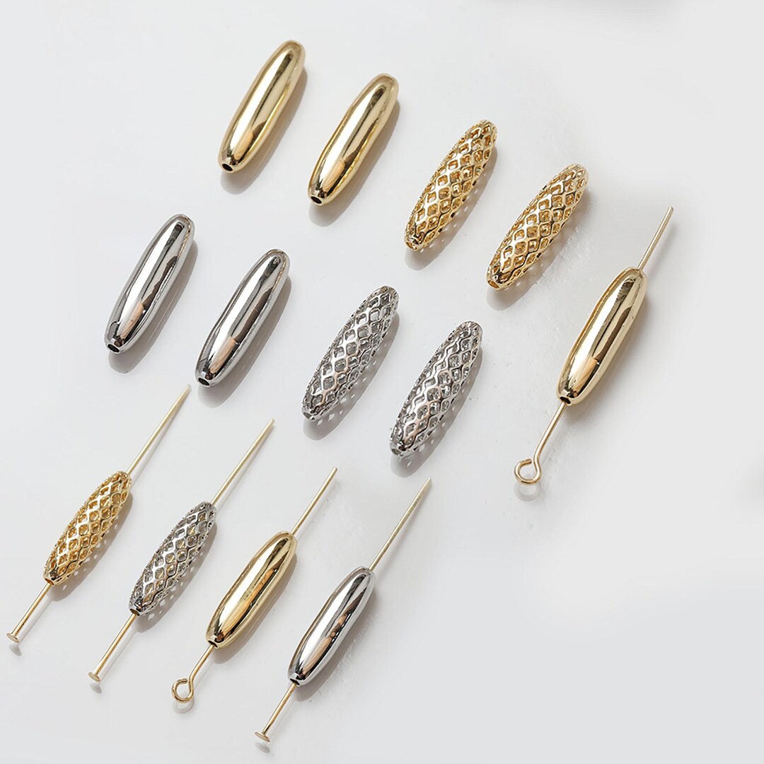 14K Gold Plated Oval Tube Bead, Rhombus Pattern Bead, Hollow Tube Bead ...