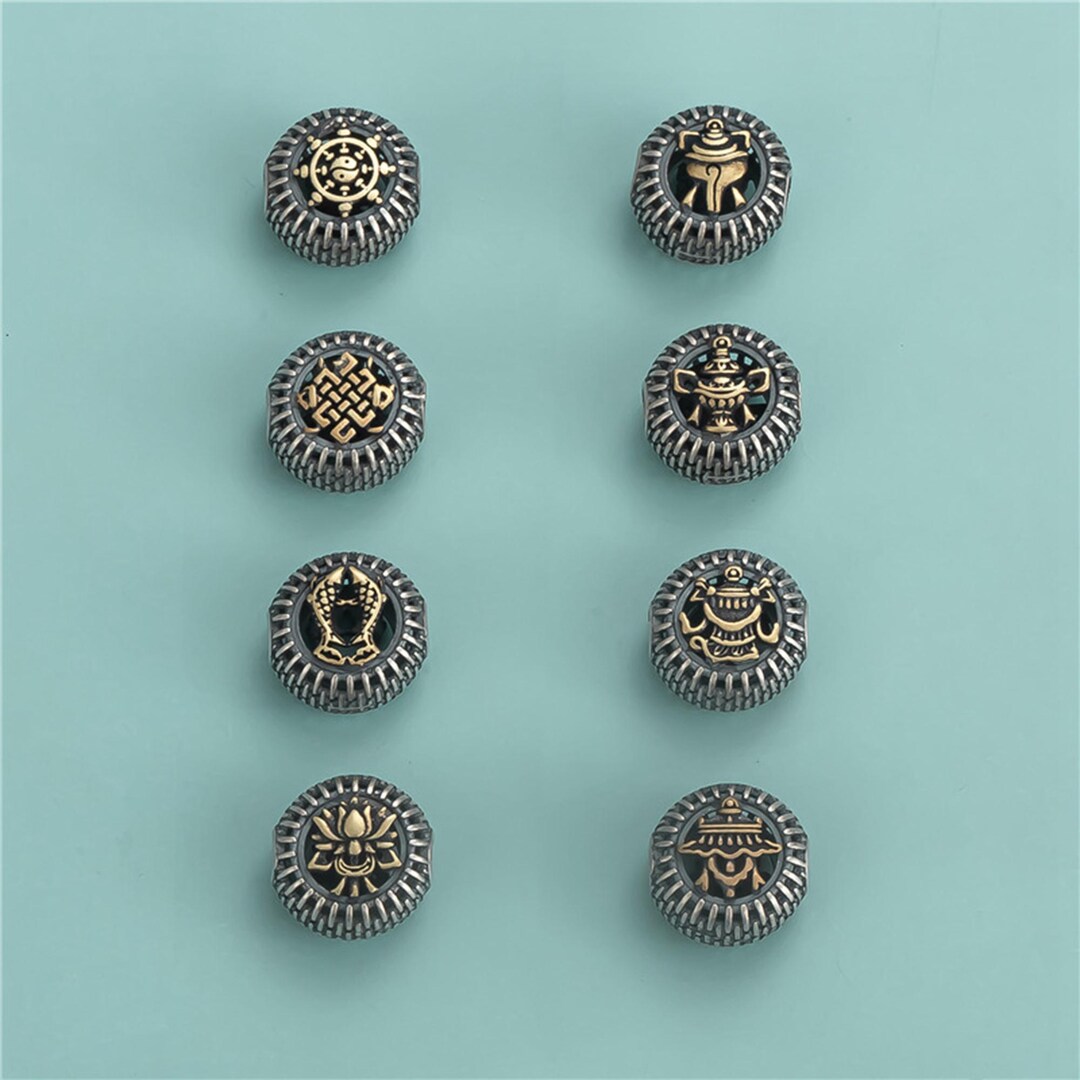Sterling Silver Eight Auspicious Symbols Beads, 925 Silver Tibetan Flat ...