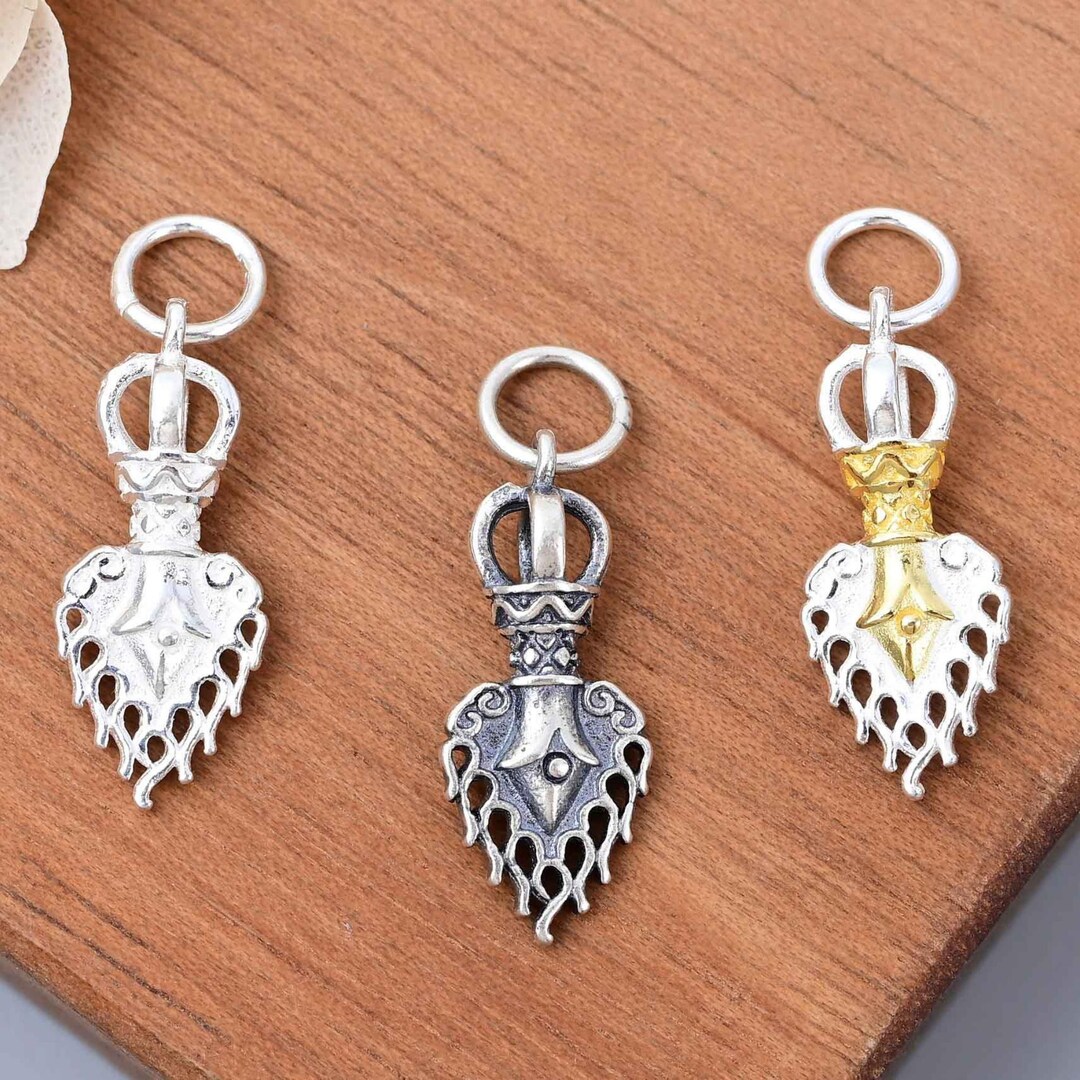 Sterling Silver Vajra Pendant, Gold Plated Flaming Charm,tibetan ...