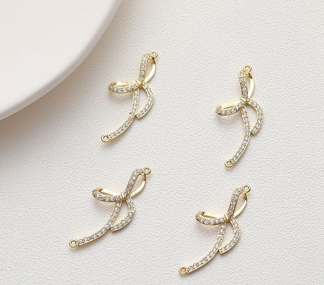 14K Gold Plated CZ Bowtie Connector Charm, Gold Tone Ribbon Charm for ...
