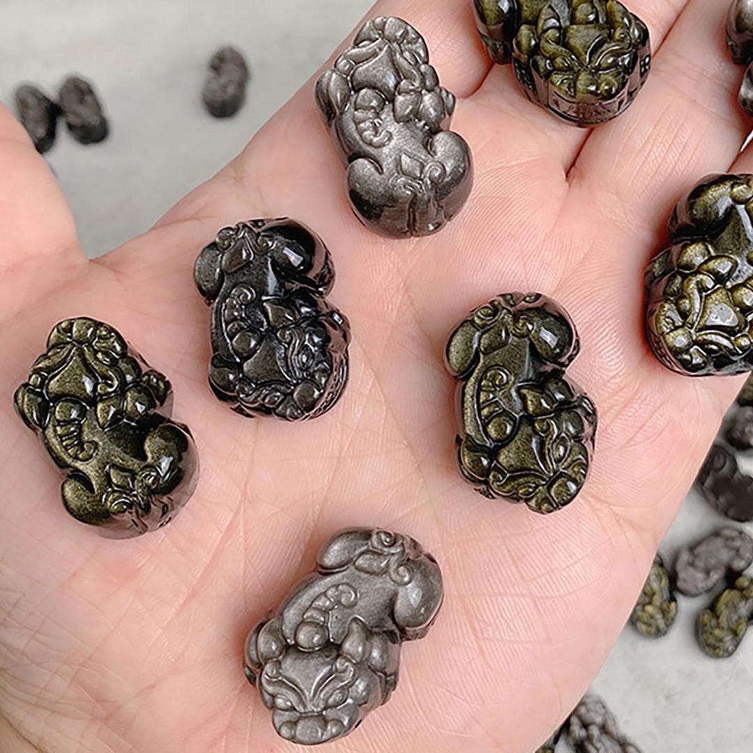 Silver Obsidian Coin Pixiu Bead, Gold Obsidian Pi Xiu Bead, Good Luck ...