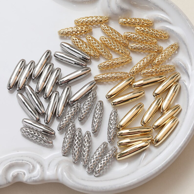 14K Gold Plated Oval Tube Bead, Rhombus Pattern Bead, Hollow Tube Bead ...