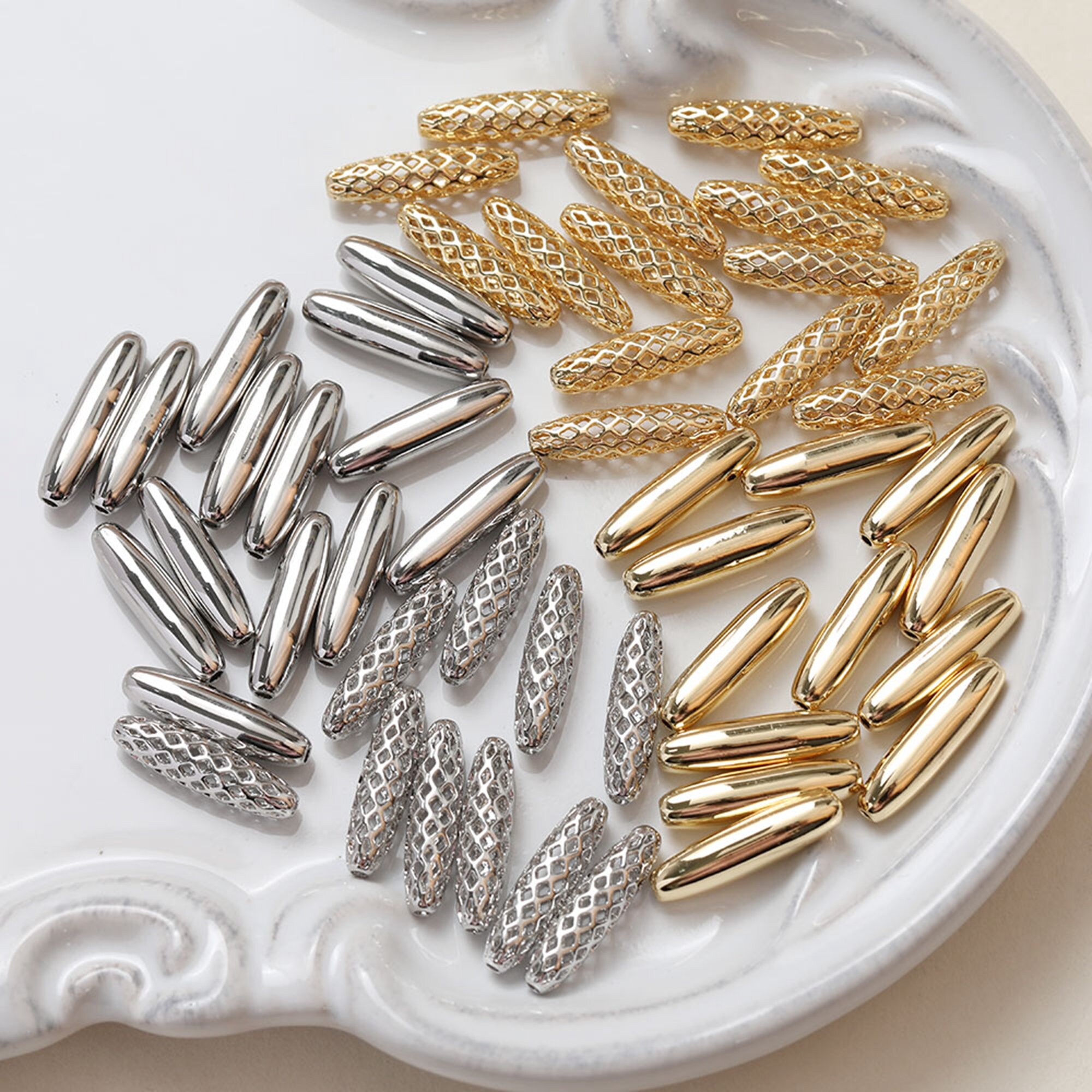 14K Gold Plated Oval Tube Bead, Rhombus Pattern Bead, Hollow Tube Bead ...