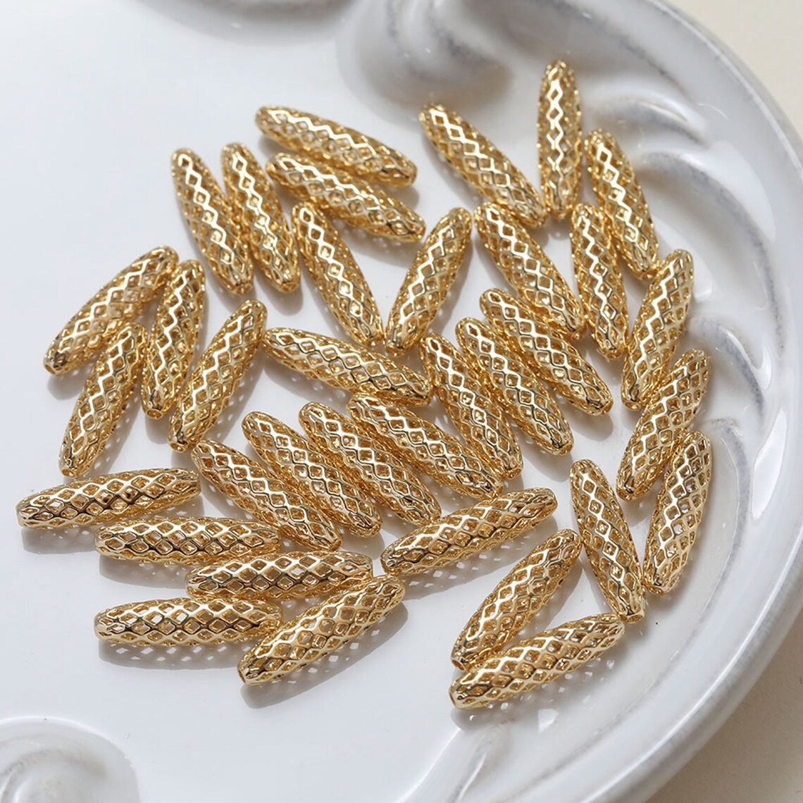 14K Gold Plated Oval Tube Bead, Rhombus Pattern Bead, Hollow Tube Bead ...