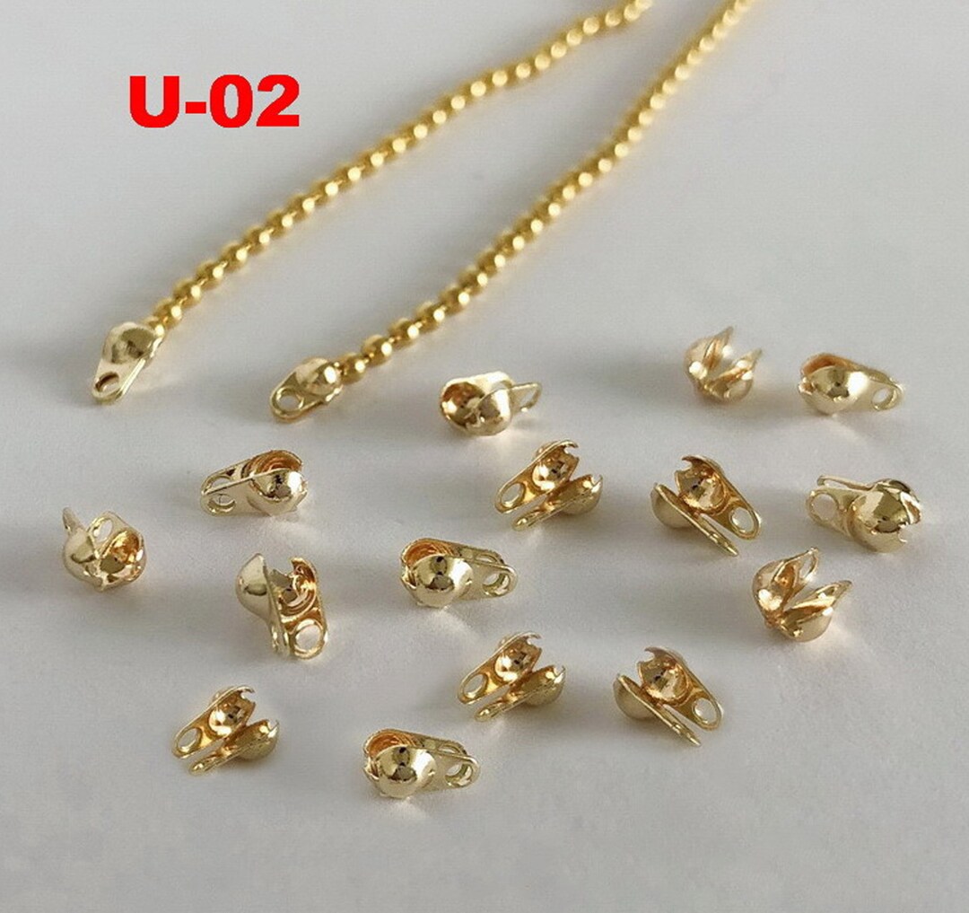 14K Gold Plated Ball Chain Closures, Gold Plated End Tip Cover, Fold ...