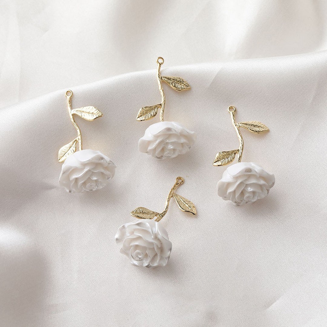 14K Gold Plated Rose Flower Charm, Gold Tone White Rose Charm, Gold ...