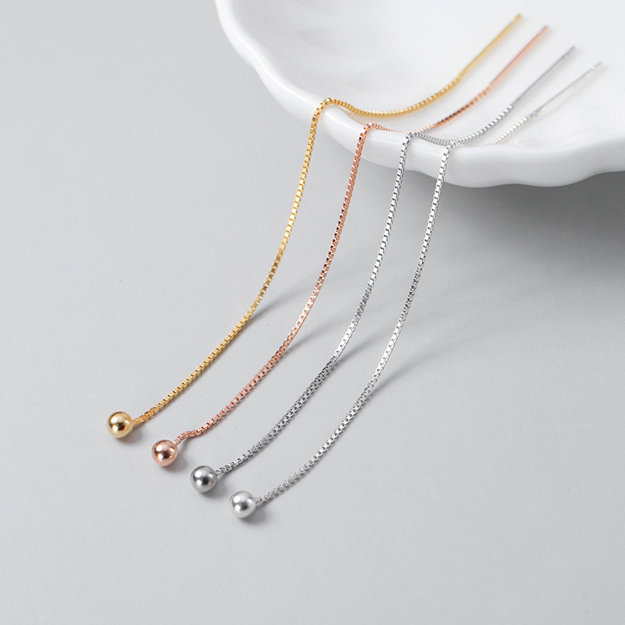 Sterling Silver Box Chain Ear Threads W/ Plain Round Ball Bead - Etsy