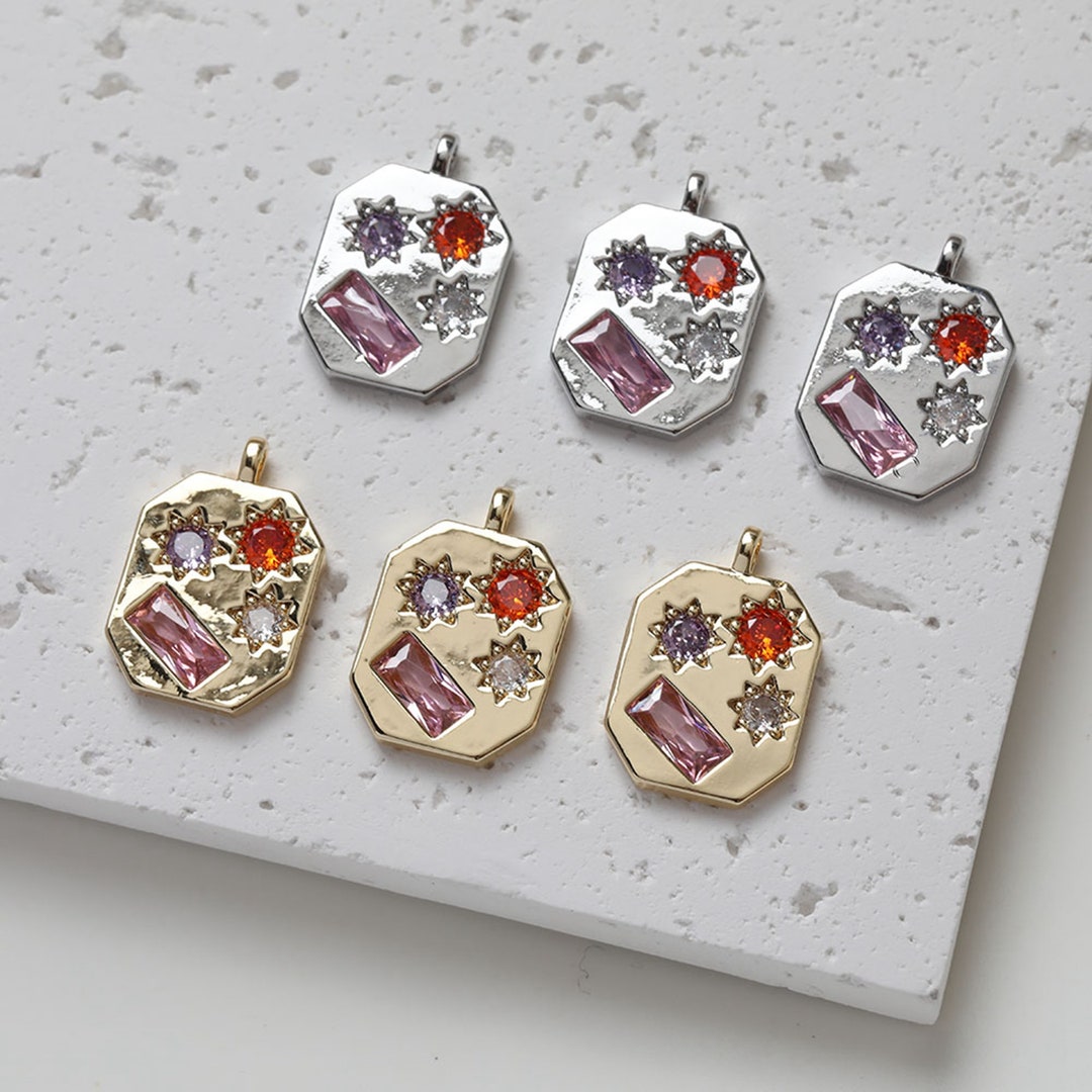 14K Gold Plated Octagon Charm W/ CZ Rectangle Round Zircon, Gold Tone ...