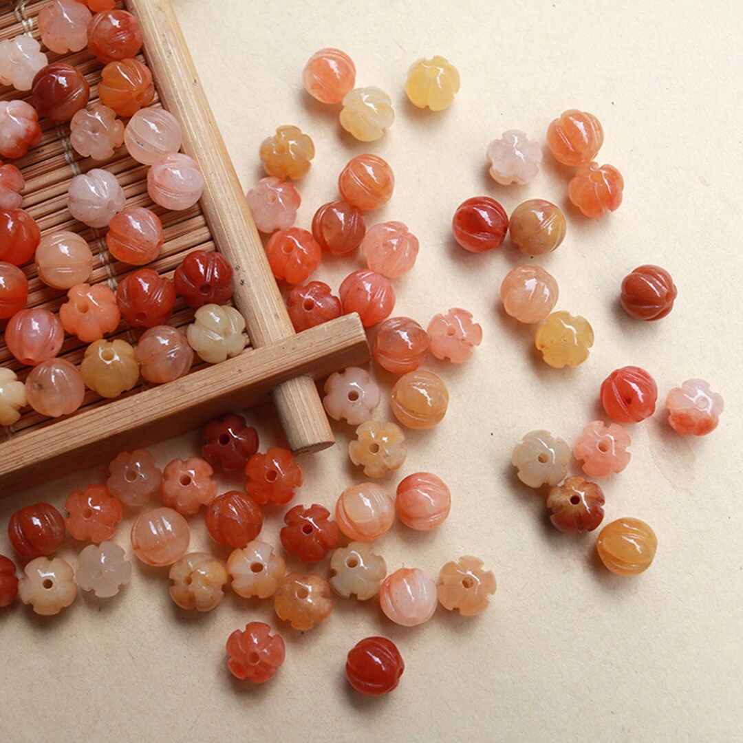 100pcs Natural Yellow Pink Red White Jade Pumpkin Beads, Hand Made Jade ...