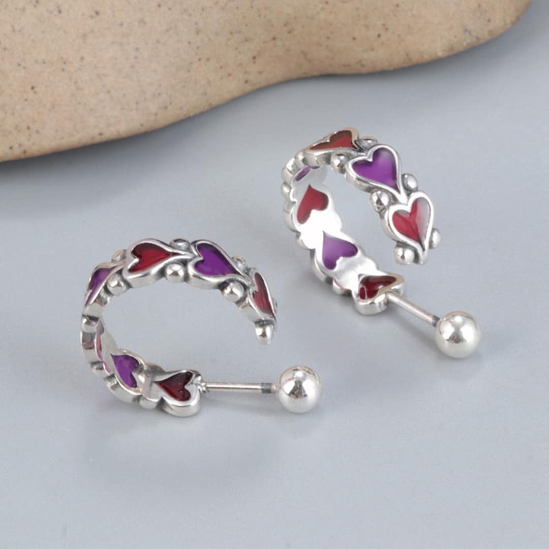 Sterling Silver Enamel Heart Hoop Earring, 925 Silver C Shape Earwire ...