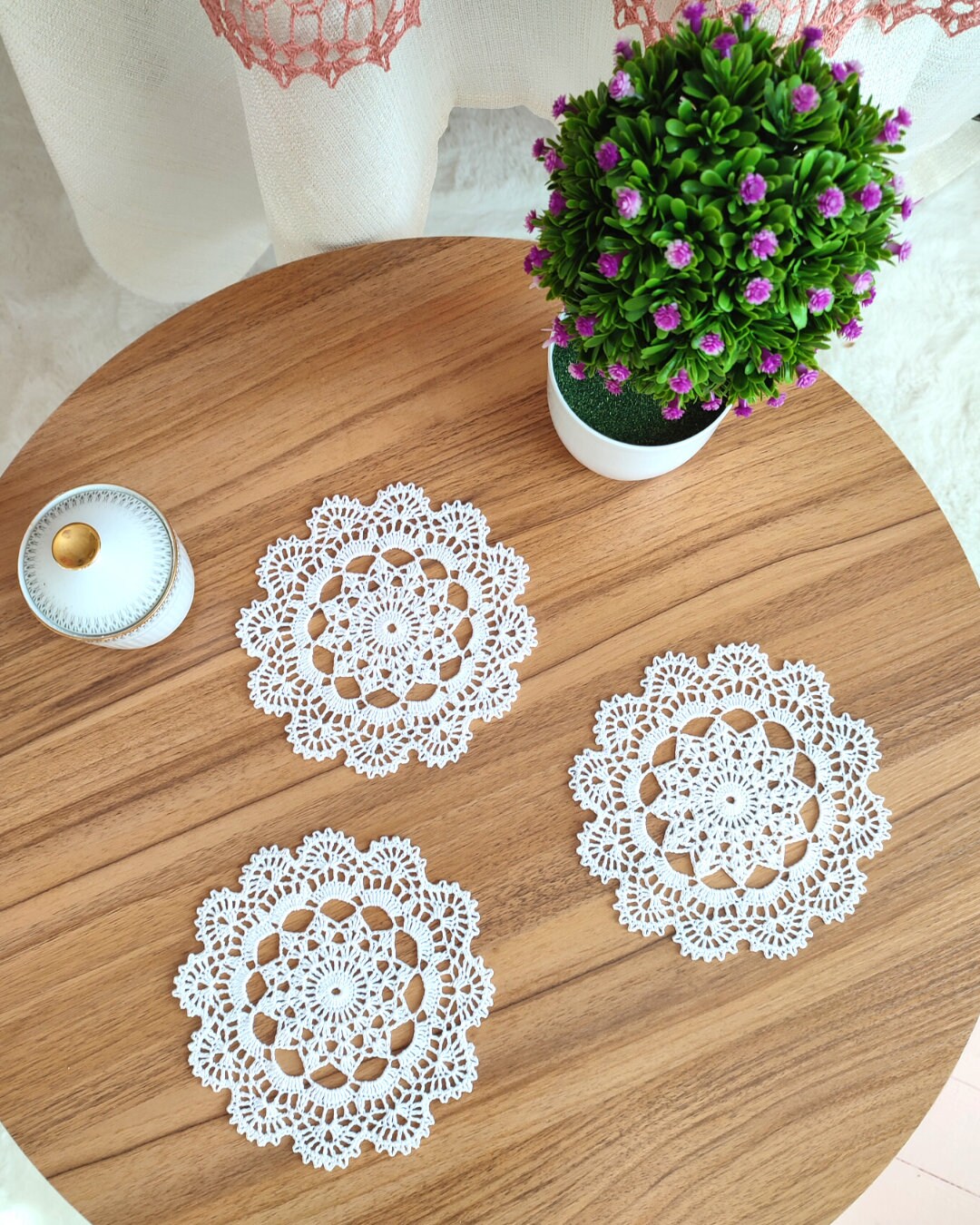 Set of Three White Crochet Coasters for an Elegant Vintage Style Tea ...