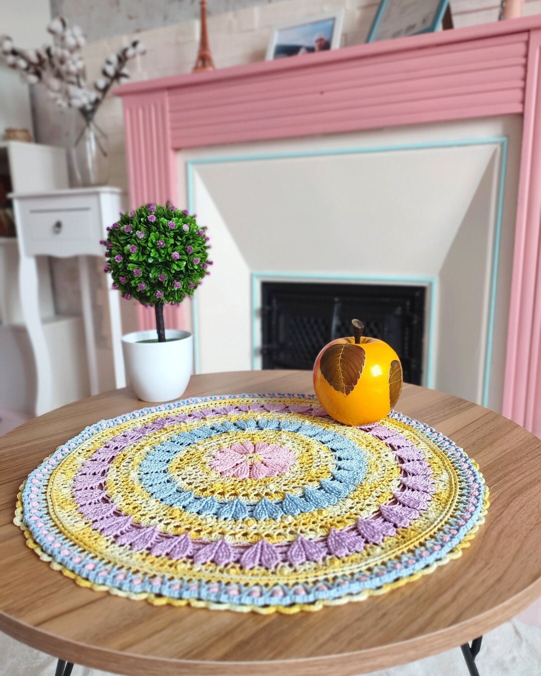 Large Colourful Yellow Doily With Pink Blue and Purple Hearts for ...