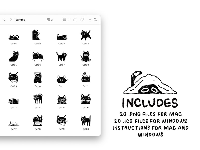 Cat Doodle Theme Computer Desktop Icon Folder Pack for Mac & Windows ...