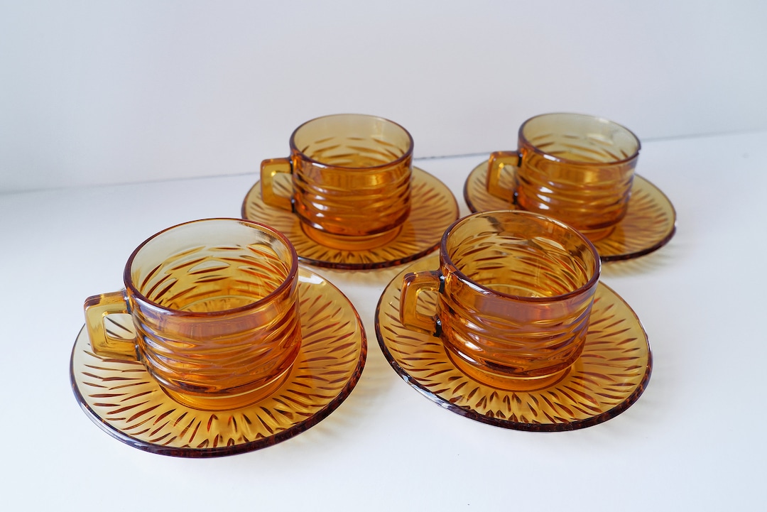 Amber Glass Coffee Cup Set of Four 4 With Saucers | Vintage Colored and ...