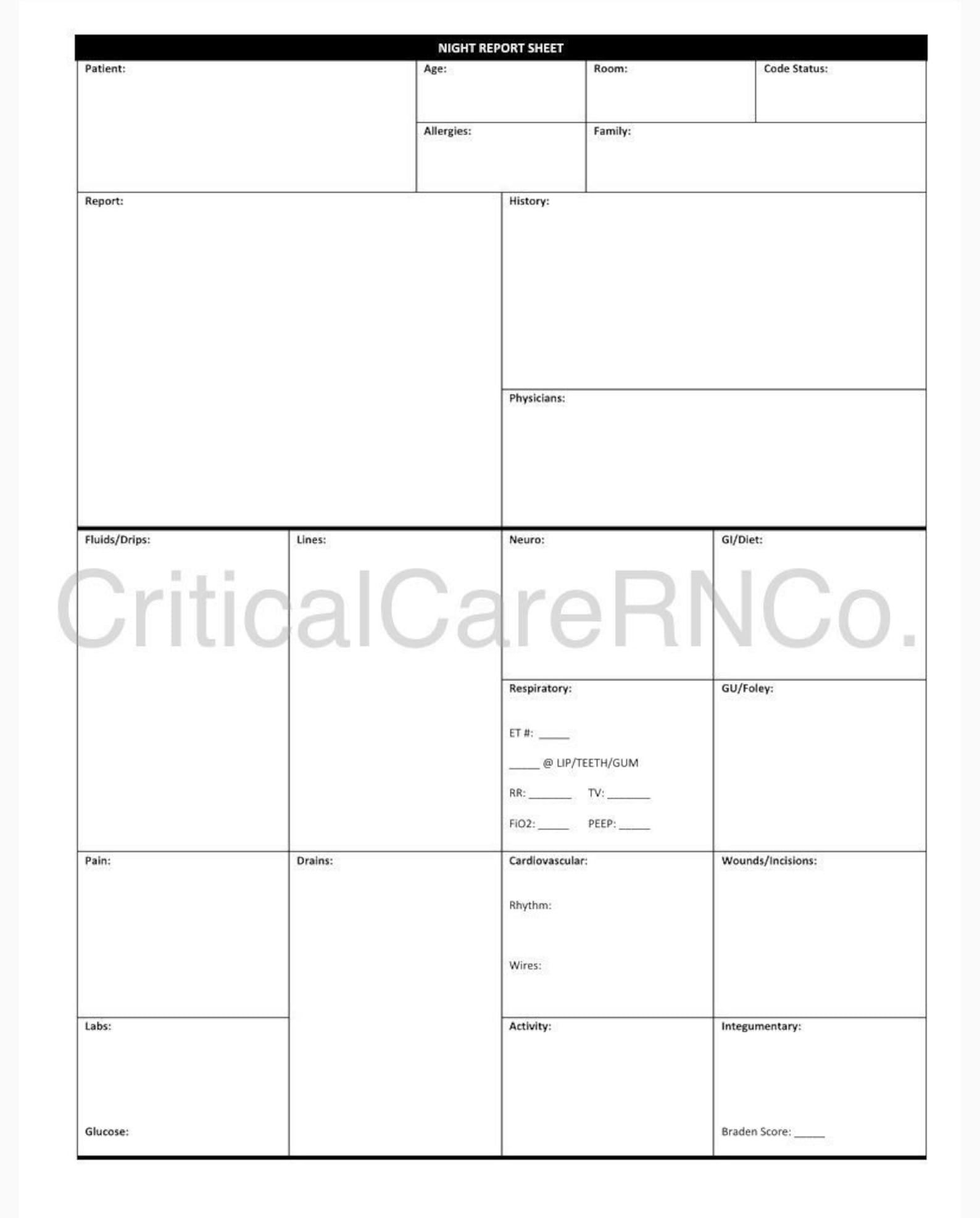 ICU Night Report Sheet, ICU Night Brain, Critical Care Nursing, 1900 ...
