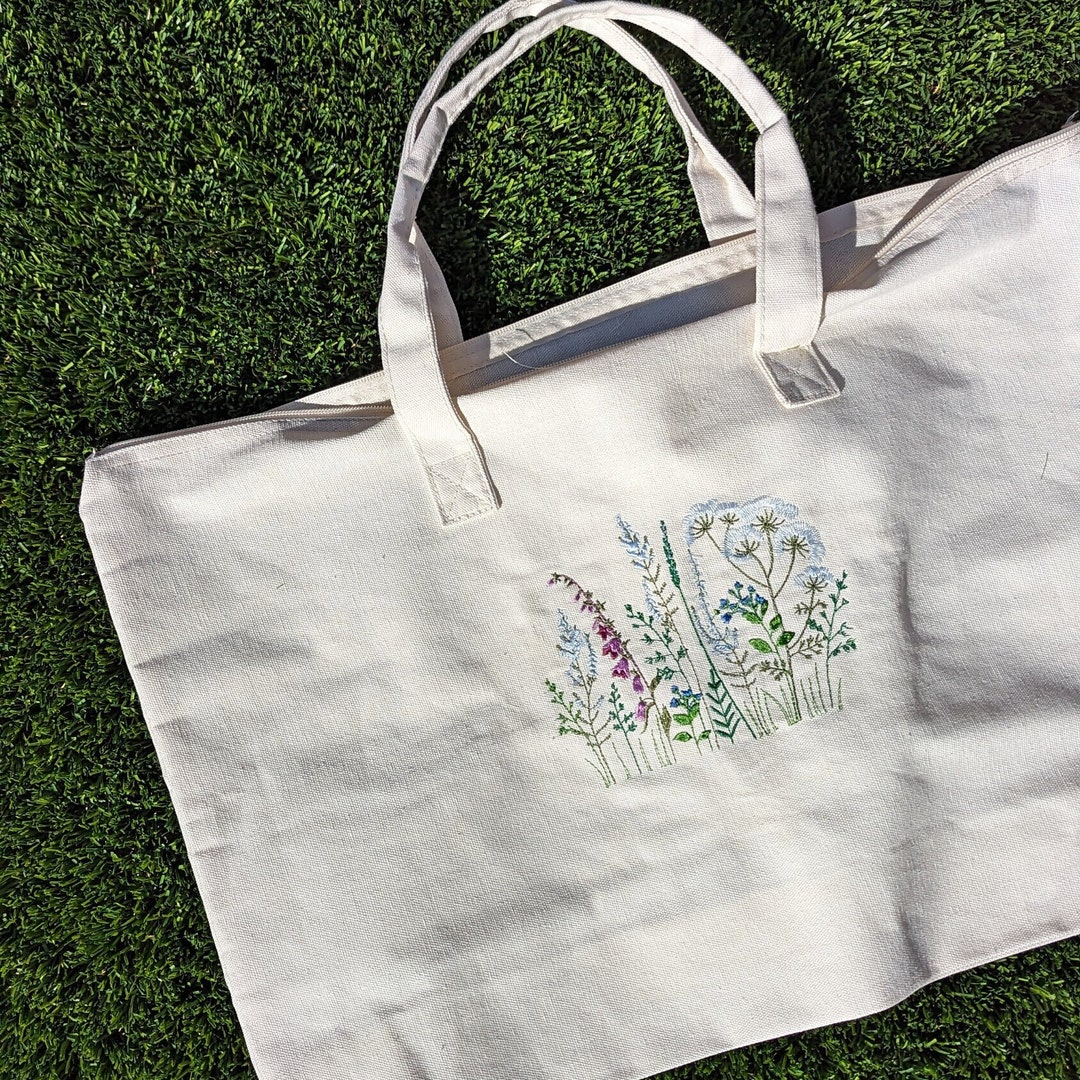 Embroidered Floral Canvas Tote Bag – Personalized Cotton Market Bag - Etsy