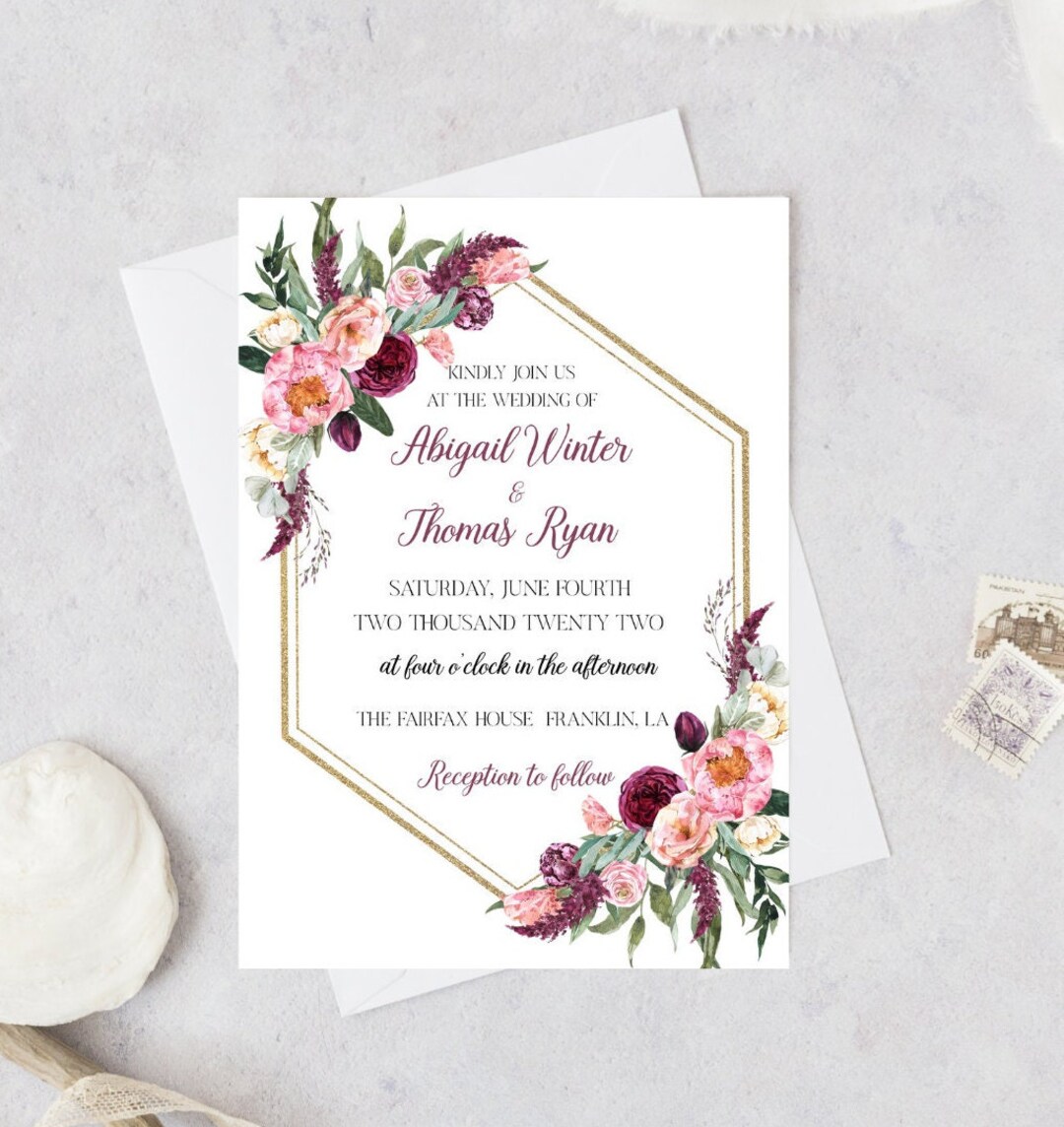 Burgundy Blush Floral Greenery Wedding Invitation Template, Instant ...