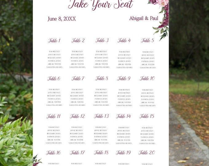 Burgundy Blush Pink Floral Peony Wedding/rehearsal Vertical Seating ...
