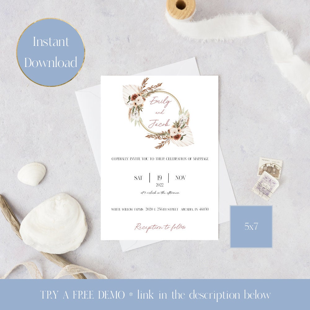 Boho Floral Wedding Invitation, Wedding Invitation Template, Printable ...