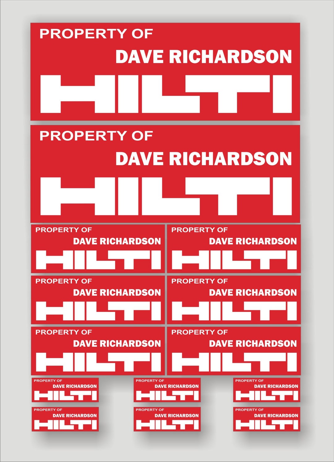 14x Personalised HILTI Stickers, Three Sizes. Laminated for Protection ...