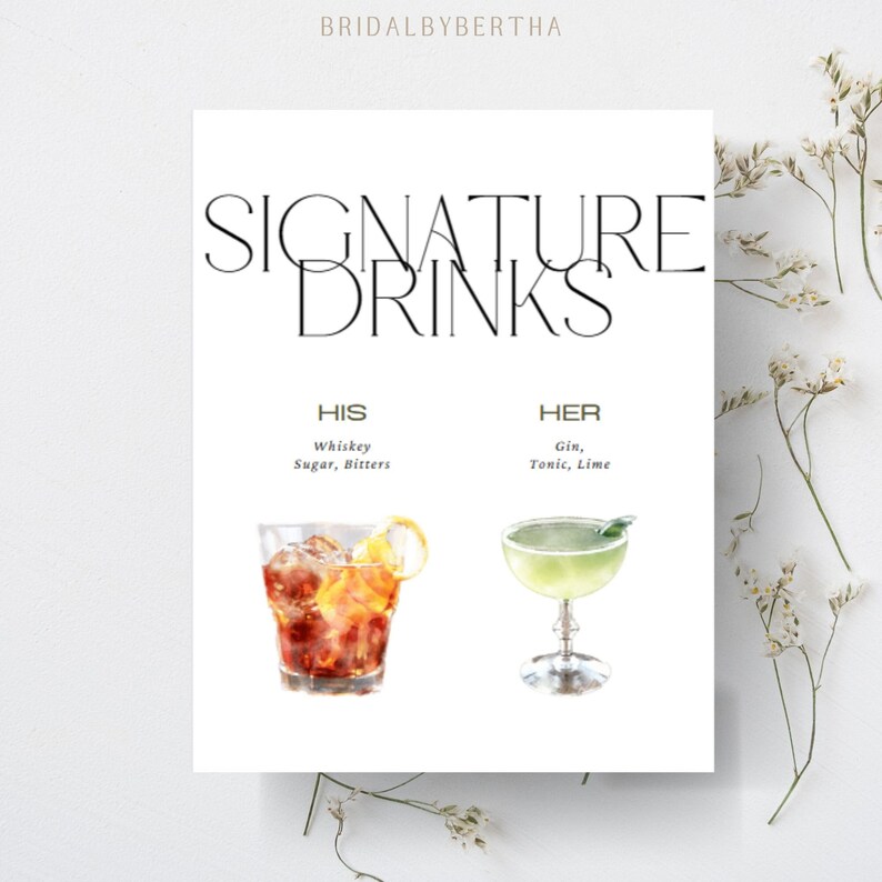 Signature Drink Template, Drink Sign for Wedding, Modern His and Hers ...