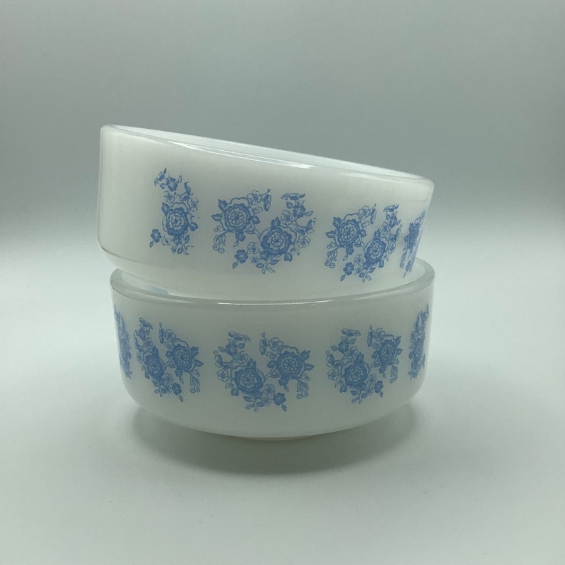 2 FEDERAL GLASS Milk Glass Blue Floral Serving Bowls. Pair of Vintage ...