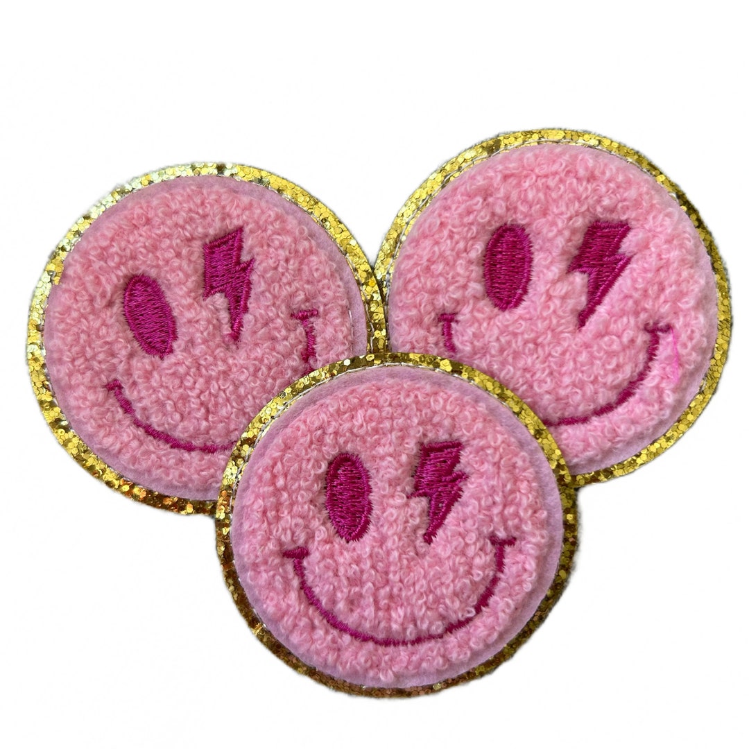 Pink Chenille Lightning Bolt Eyes Iron on Happy Face Patches, Emoji ...