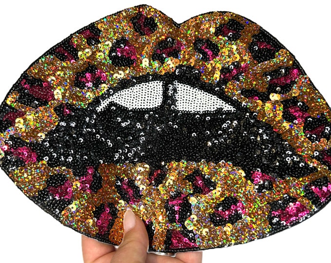 Cheeta Large Sequin Lips Iron on Sewing Patch, Oversized Big Patches, Mouth Patch, Trendy ...