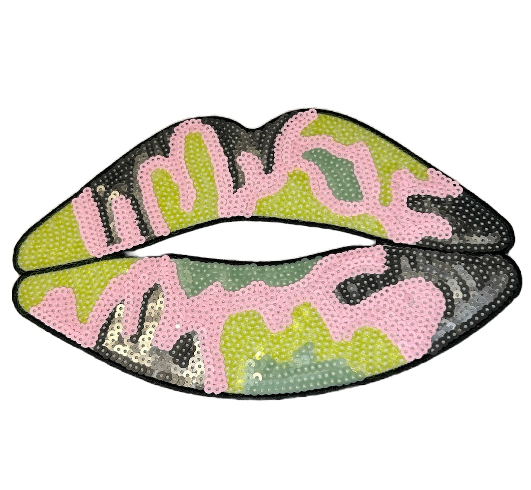 Pink Camo Large Sequin Lips Iron on Sewing Patch, Oversized Big Patches ...