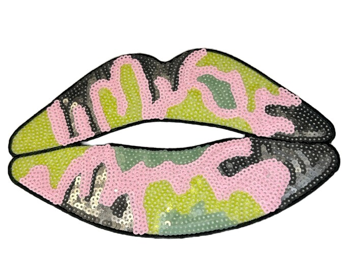 Pink Camo Large Sequin Lips Iron on Sewing Patch, Oversized Big Patches ...