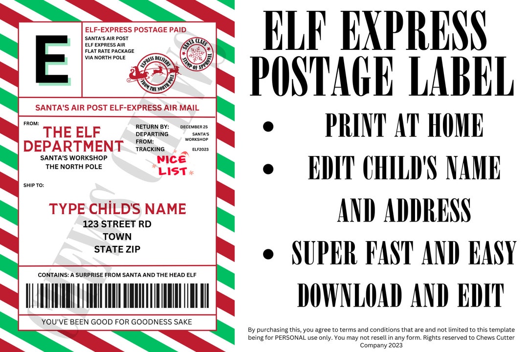 Elf Express Printable Postage Label: Editable Christmas Label (digital ...