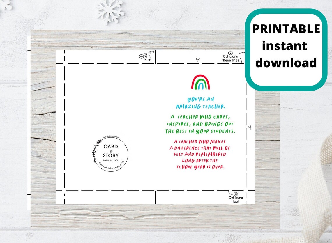 Printable Christmas Card for Teacher Teacher Thank You Gift - Etsy