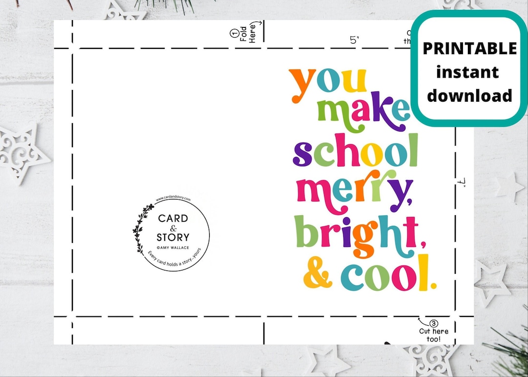 Printable Christmas Card for Teacher, Instant Download, Holiday Gift ...