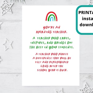 Printable Christmas Card for Teacher, Teacher Thank You, Gift Card ...
