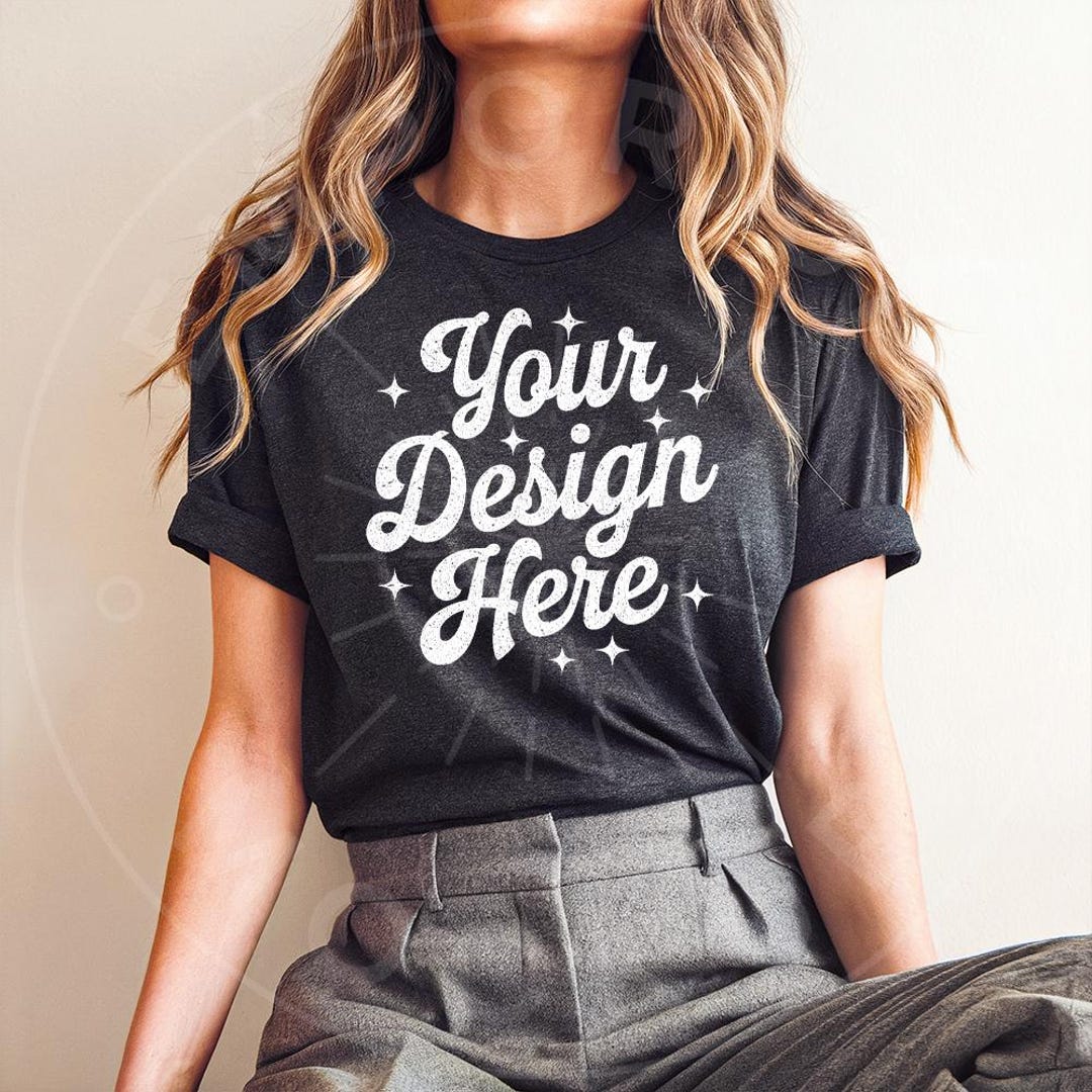 Dark Grey Heather Shirt Mockup Bella Canvas 3001 Female Model Dark Grey ...