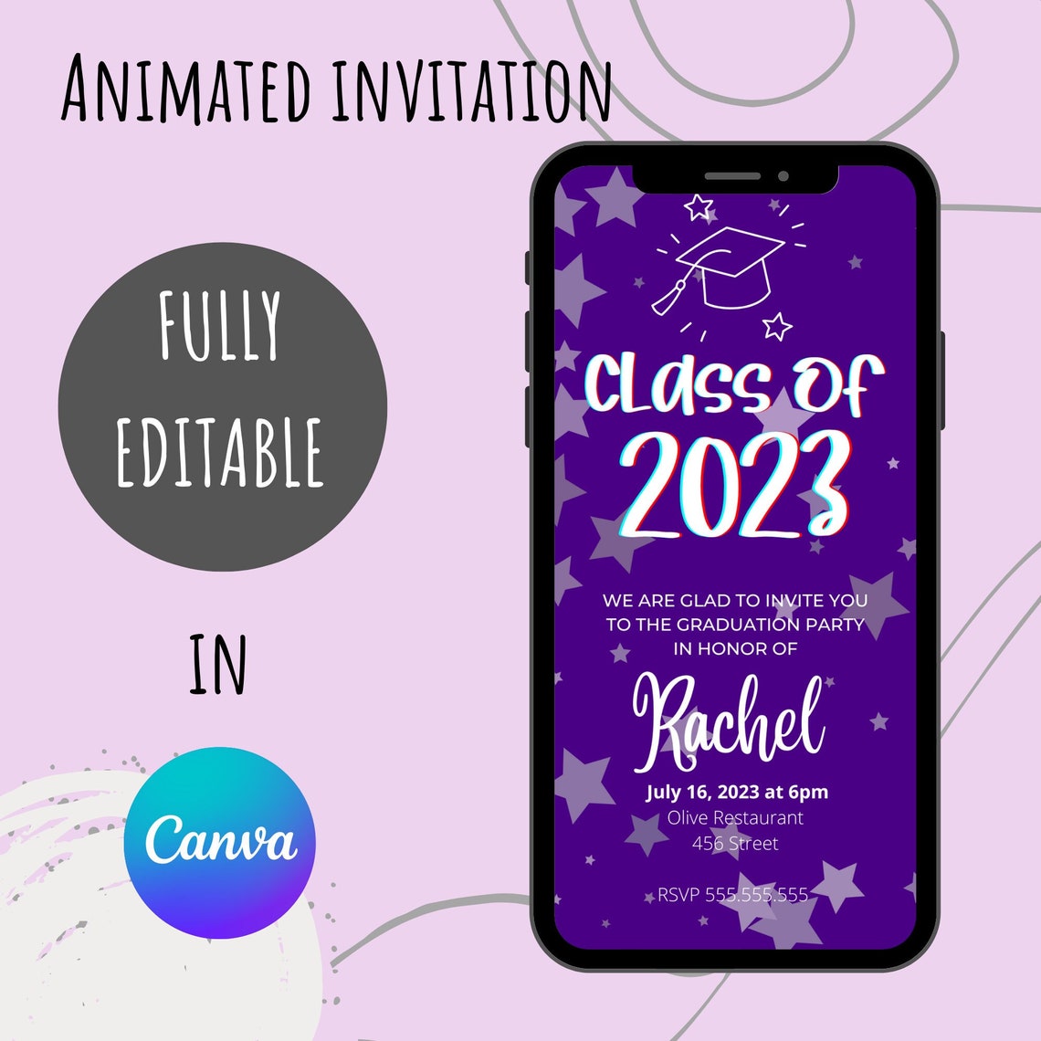 Animated Purple Stars Graduation Invitation 2023, Invitation Template ...