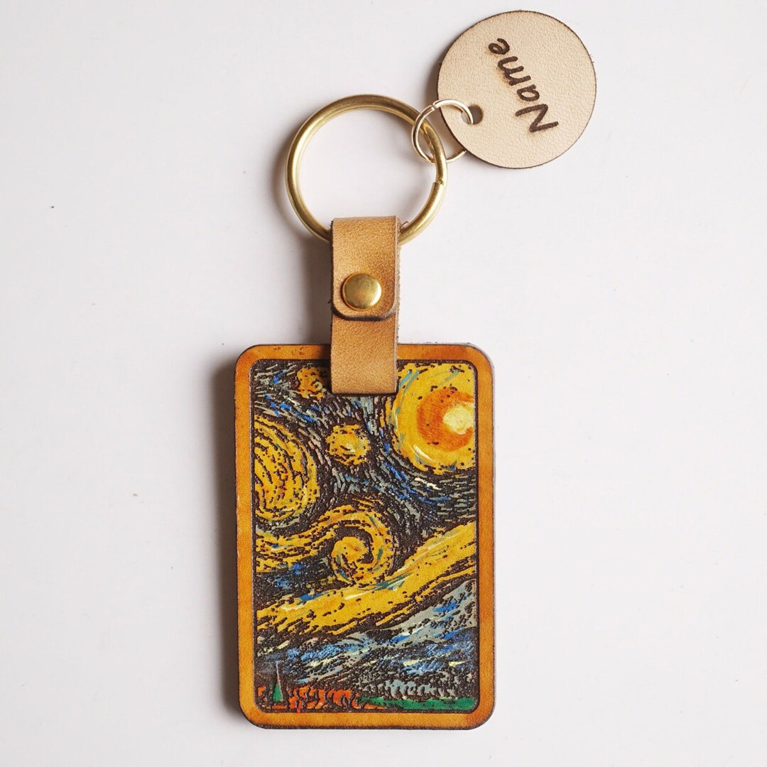 Starry Night Design Keychain With Name Tag - Hand-drawn Genuine Leather ...