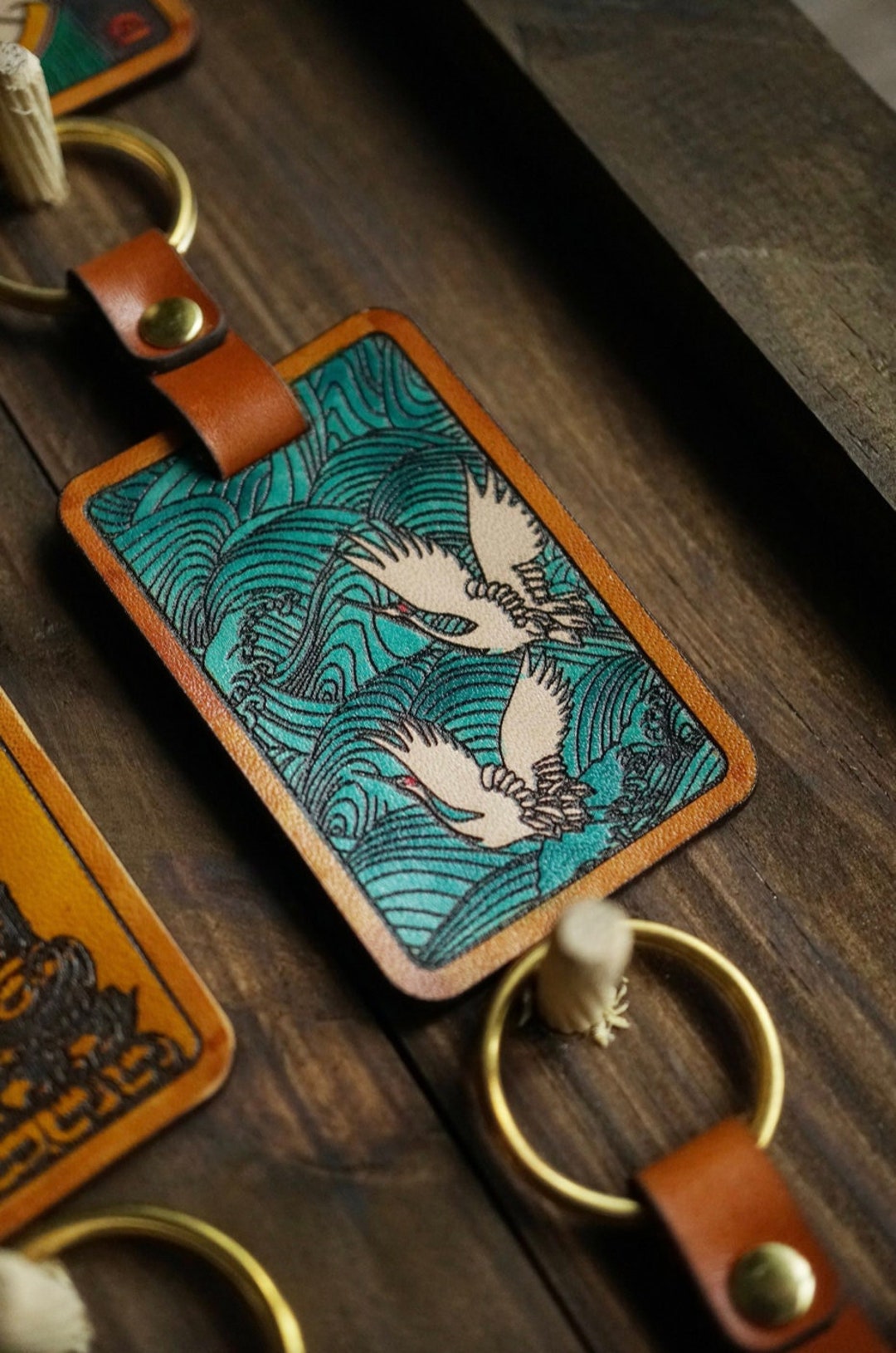 Keychain With Name Tag - Hand-drawn Genuine Leather Keychain - Crane ...