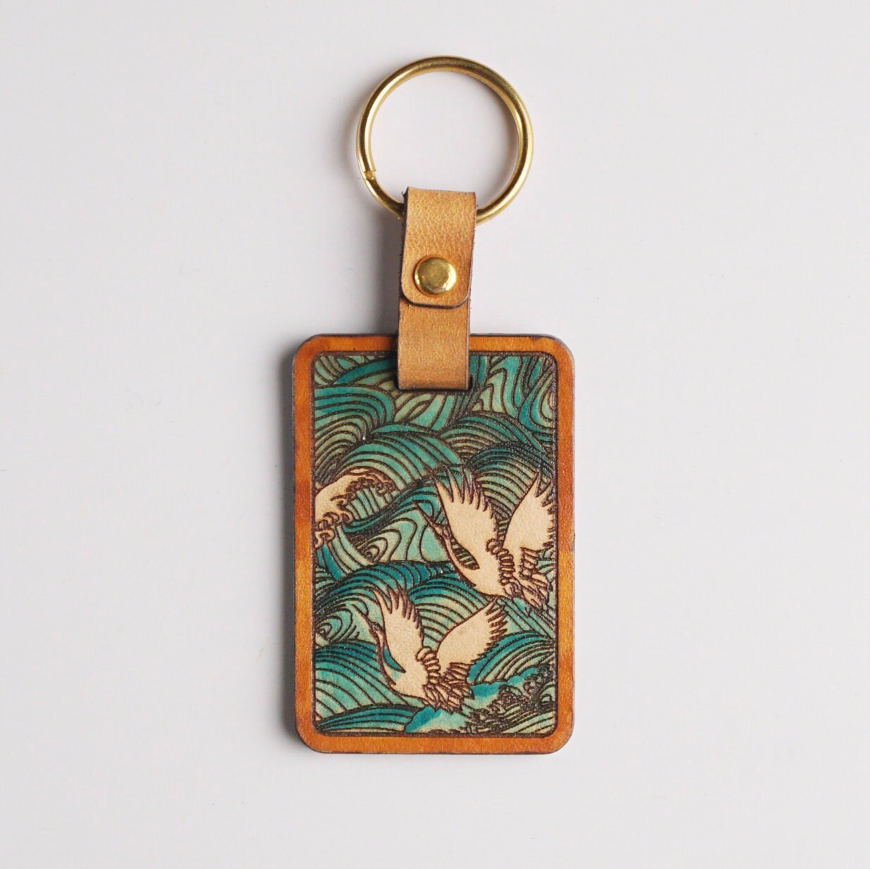 Keychain With Name Tag - Hand-drawn Genuine Leather Keychain - Crane ...