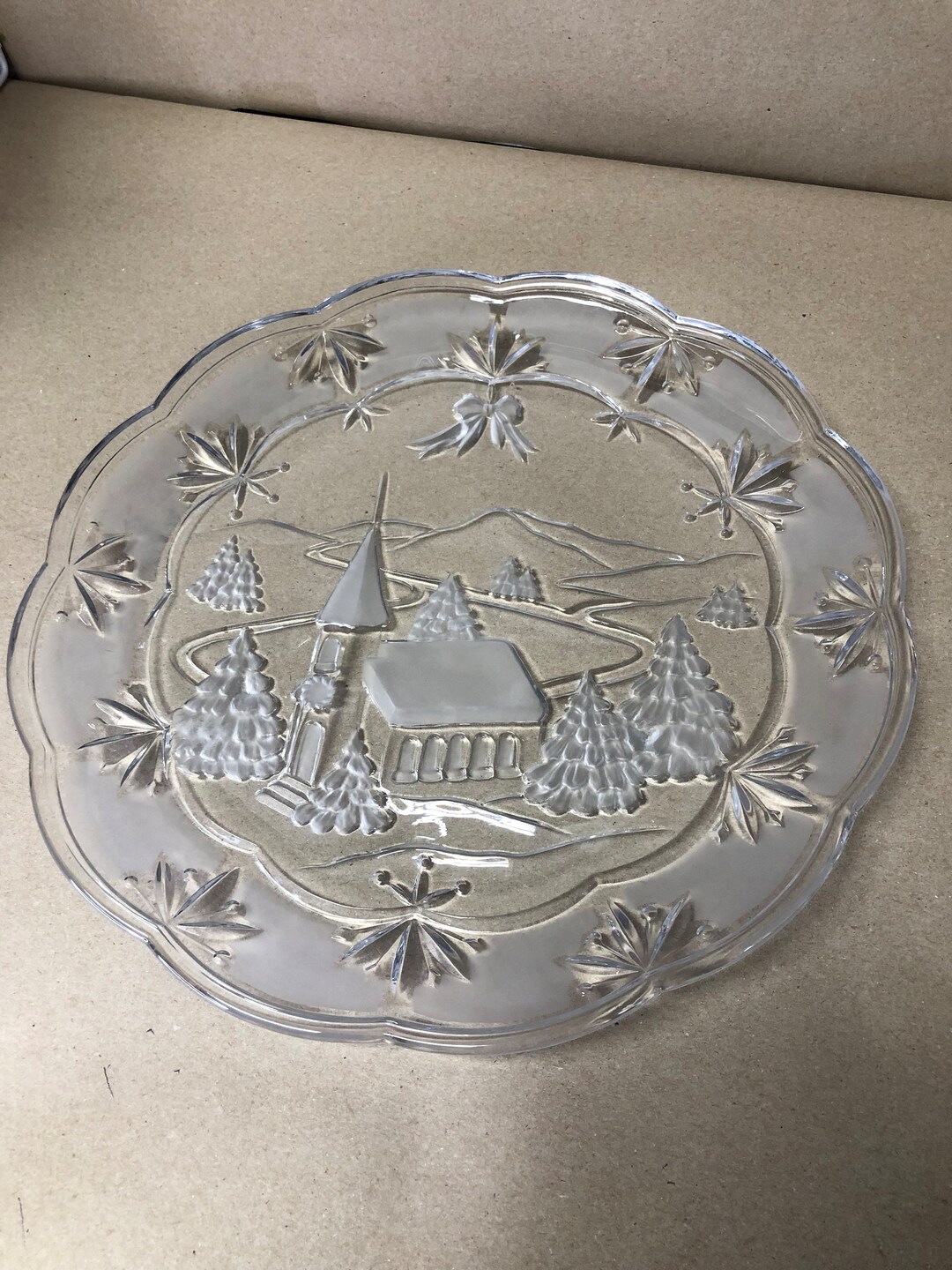 Large Round Serving Platter With Church and Trees/ Large Round Serving ...