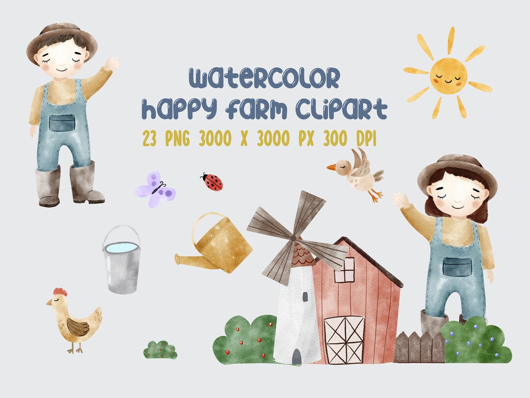 Watercolor Happy Farm Clipart - Etsy